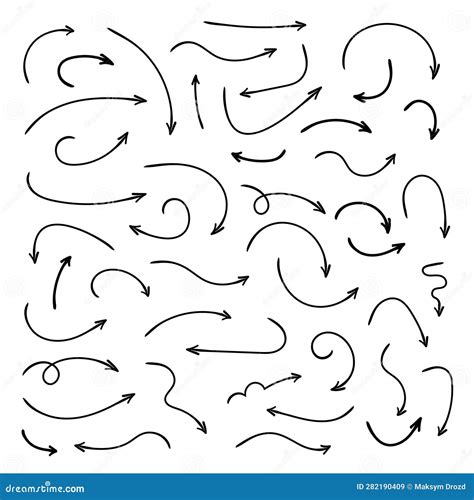Hand Drawn Curved Arrows Sketch Doodle Style Collection Of Pointers Stock Vector