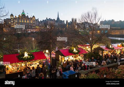 View Of Traditional Christmas Market In The Evening In Princes Street