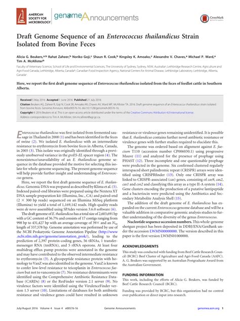 Pdf Draft Genome Sequence Of An Enterococcus Thailandicus Strain