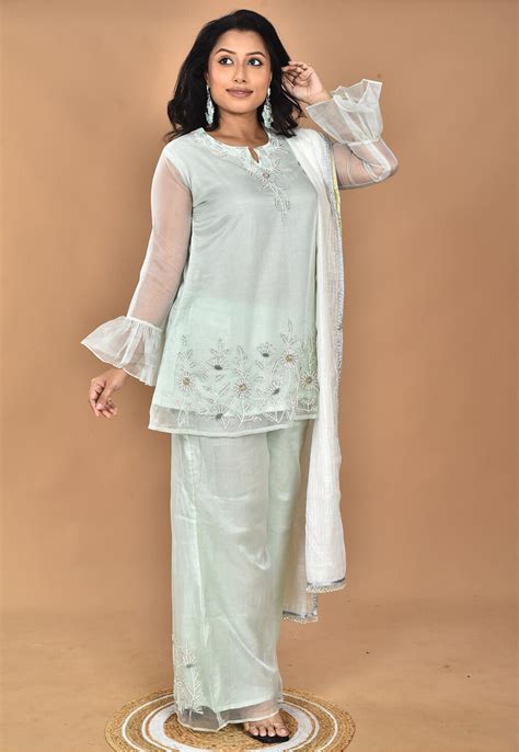 Buy Embroidered Organza Pakistani Suit In Pastel Green Online Kze13