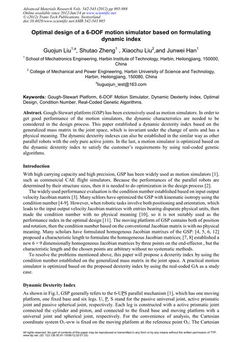 Pdf Optimal Design Of A 6 Dof Motion Simulator Based On Formulating Dynamic Index