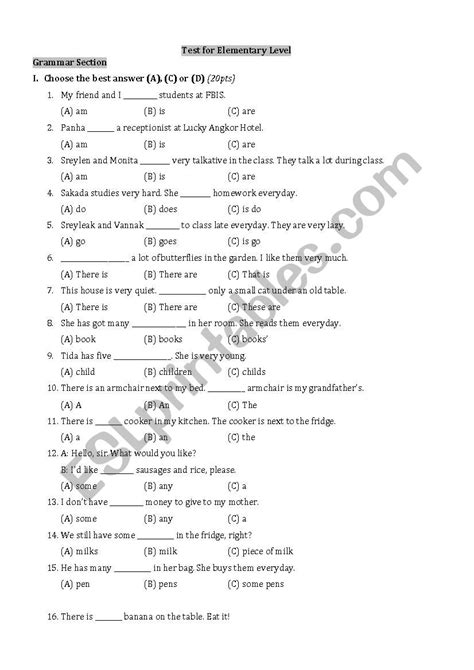 Test For Elementary Level Esl Worksheet By Sothol
