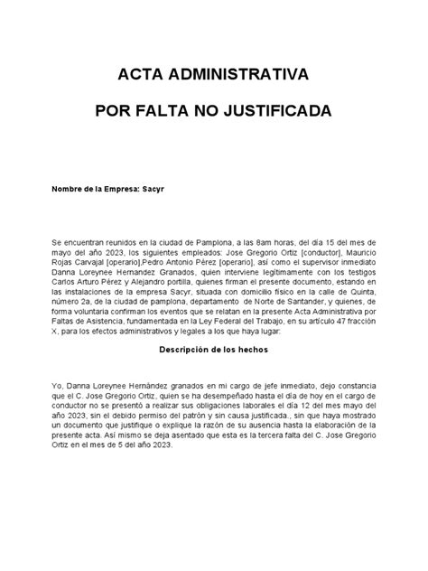 Modelo De Acta Administrativa Por Falta Pdf