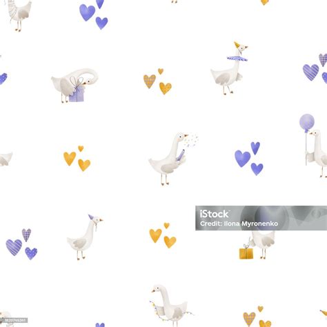 선물 상자와 화환이 있는 원뿔에 있는 재미 있는 오리와 생일 완벽 한 패턴 보라색과 노란색 하트 제한된 팔레트에서 손으로 그린 만화 신생아 직물 및 의류 포장지에 최적 거위