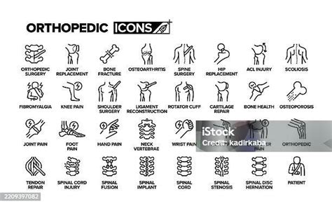 정형 외과 라인 아이콘 세트입니다 개체 그룹입니다 해부학 뼈 골절 인간의 뼈 관절염 인간의 관절 관절 교체 정형 외과 보조기 정형 외과 의사 아이콘에 대한 스톡 벡터 아트