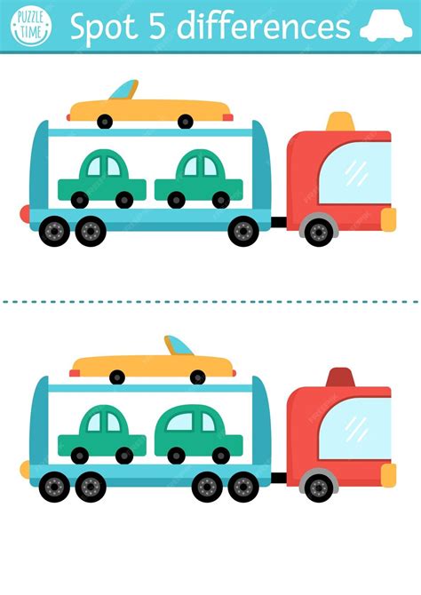 어린이를 위한 차이점 찾기 게임 귀여운 자동차 운반자와 함께 교통 교육 활동 재미있는 견인 트럭과 함께 어린이를위한 귀여운 퍼즐 논리 및 주의 능력에 대한 인쇄 가능한
