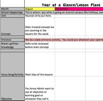 Year At A Glance Lesson Plan Template For Music Teachers TpT