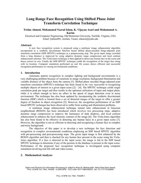 Pdf Long Range Face Recognition Using Shifted Phase Joint Transform