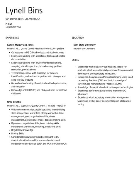 Quality Control Resume Samples Velvet Jobs