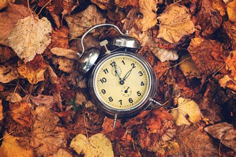 Daylight Saving Time Concept Old Analog Alarm Clock Set To Two O Clock Placed On A Pile Of Dry