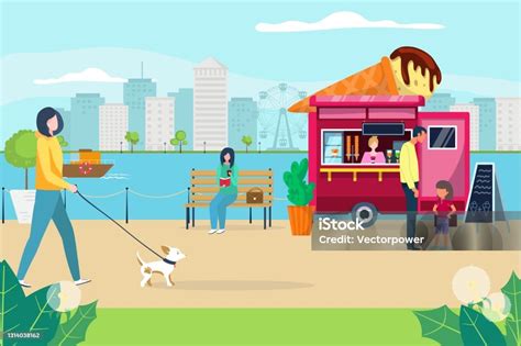 부두 공원에서 걷는 사랑스러운 사람들 캐릭터 여자는 작은 개를 산책 디저트 마차 아이스크림 플랫 벡터 일러스트 걷기에 대한 스톡 벡터 아트 및 기타 이미지 Istock