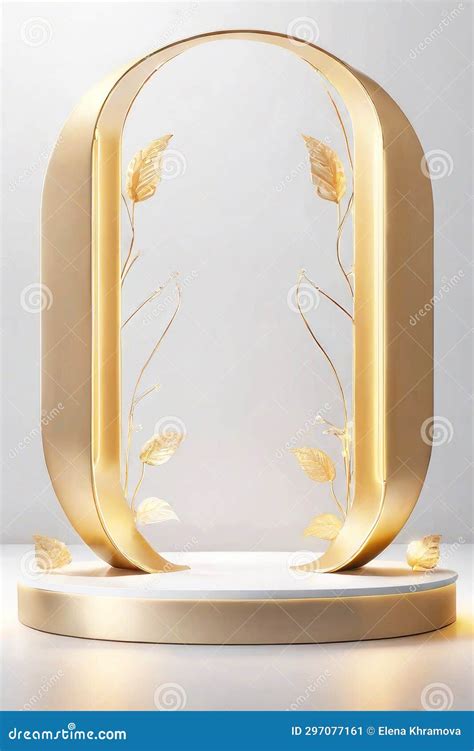 Futuristic Minimal Scene Empty Podium With Leaves In Gold And White Colors Stock Illustration