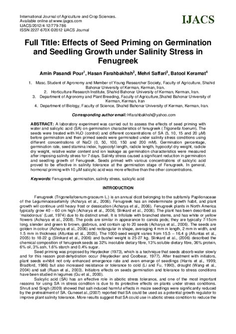 Pdf Effects Of Seed Priming On Germination And Seedling Growth Under Salinity Stress In Fenugreek