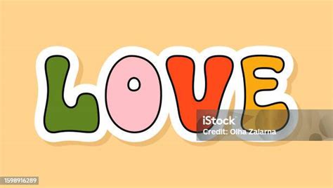 벡터 사랑 복고풍 레터링 스티커는 노란색 배경에 분리되어 있습니다 흰색 윤곽선이 있는 70년대 스타일의 만화 아이콘 격언에 대한