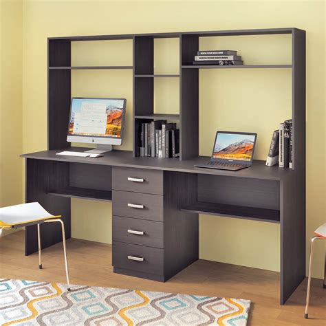 Купить Длинный компьютерный письменный стол для двоих с надстройкой и ящиками 200 см венге ДСП Е