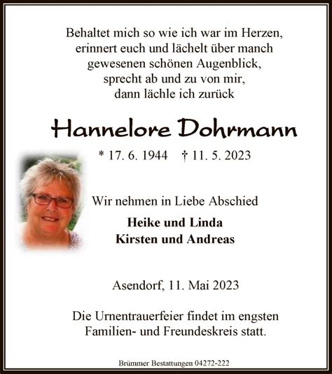 Traueranzeigen Von Hannelore Dohrmann Trauerkreiszeitungde