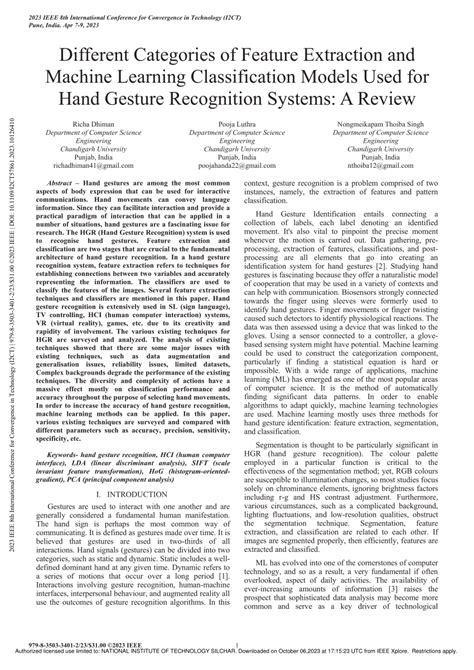 Pdf Different Categories Of Feature Extraction And Machine Learning Classification Models Used