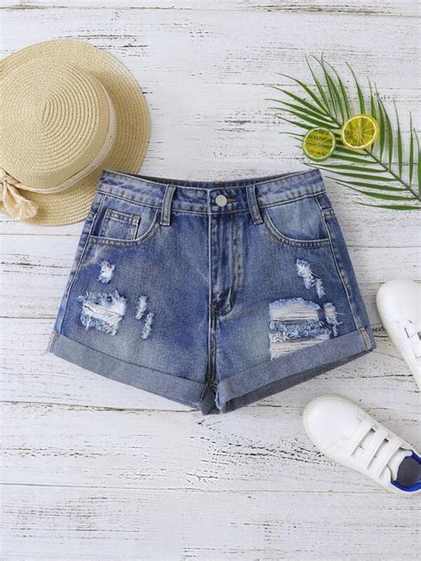 Shein Teen Girls Ripped Roll Up Hem Denim Shorts Shein Uk
