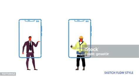 건설 남자 스타일 사용 하 여 모바일 응용 프로그램 엔지니어 온라인 커뮤니케이션 개념 스마트폰 화면 남성 캐릭터 전체 길이 스케치 흐름 가로와 실업가 공사장 인부에 대한