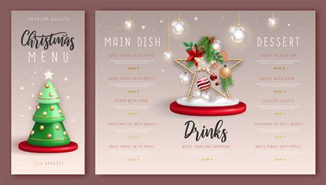현실적인 3d 플라스틱 크리스마스 트리와 크리스마스 홀리데이 레스토랑 메뉴 디자인 메리 크리스마스와 새해 복 많이 받으세요 인사말 카드 벡터 일러스트 레이 션 실내 장식에