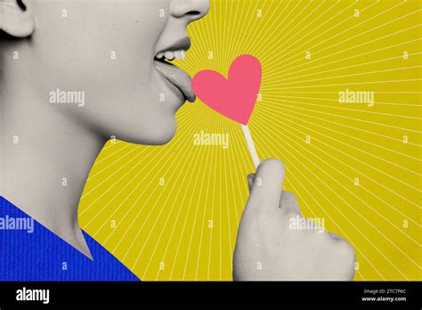 Collage Picture Of Cropped Face Black White Colors Girl Arm Hold Lick Heart Shape Candy Stick