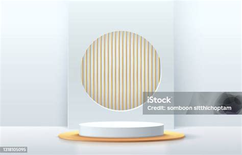 모던 화이트 와 골드 실린더 받침대 연단 실버 컬러 최소 벽 장면 수직 황금 줄무늬기와 기하학적 배경 벡터 렌더링 3d 모양 제품 표시 프리젠 테이션 추상적인 방입니다 0