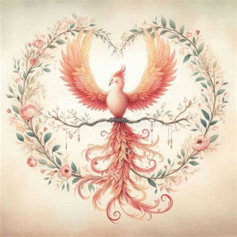 Romantic Phoenix In Floral Heart Wreath Design Symbolizes Rebirth And