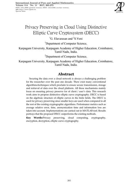 Privacy Preserving In Cloud Using Distinctive Elliptic Curve Cryptosystem Decc Pdf