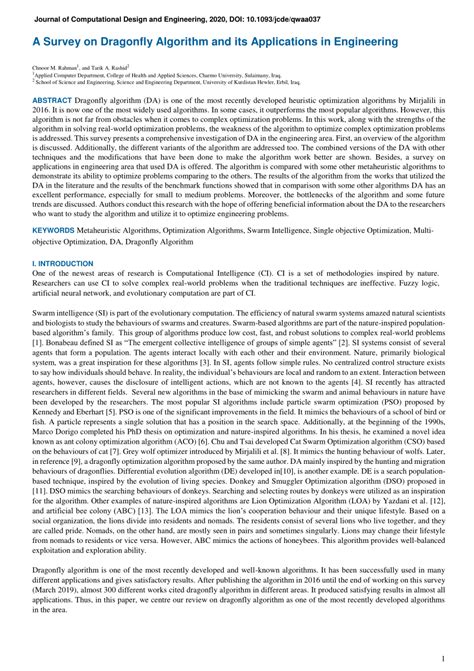 Pdf A Survey On Dragonfly Algorithm And Its Applications In Engineering