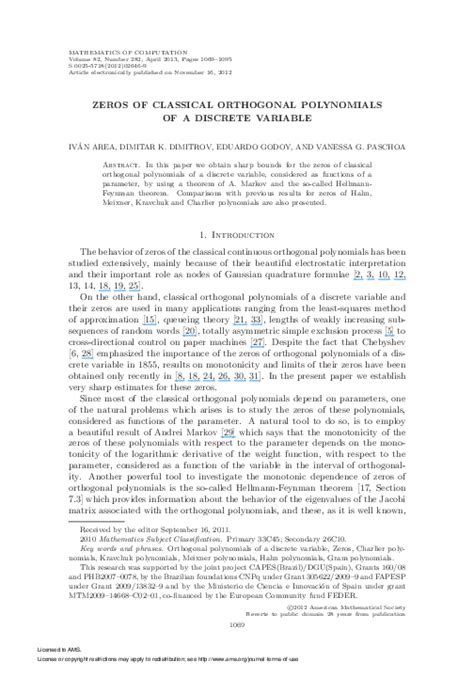 Pdf Zeros Of Classical Orthogonal Polynomials Of A Discrete Variable