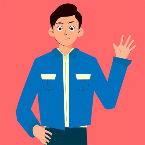 Premium Vector A Man In A Blue Shirt With A Hand Raised In Front Of