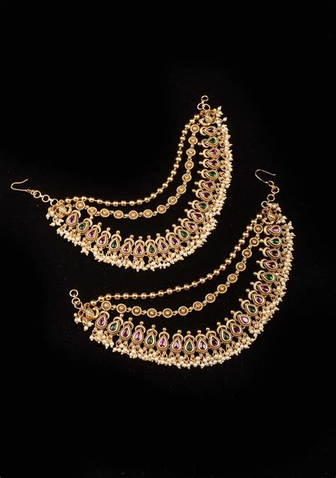 Pink And Green 3 Row Traditional Indian Ear Chains With Pearls And