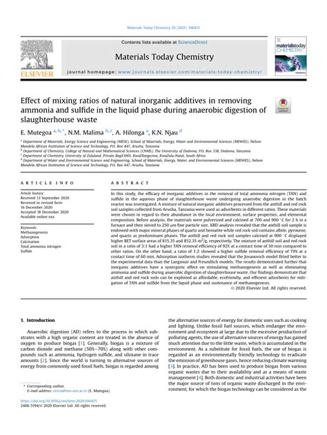 Pdf Effect Of Mixing Ratios Of Natural Inorganic Additives In Removing Ammonia And Sulfide In