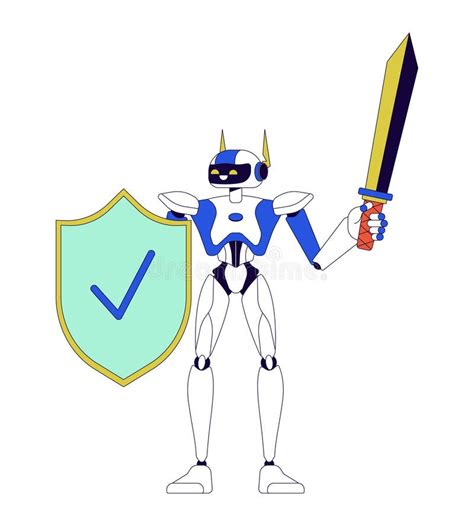 Robot With Shield And Sword 2d Linear Cartoon Character Stock Vector Illustration Of Character
