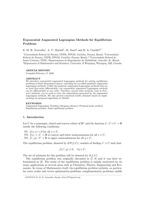Pdf Exponential Augmented Lagrangian Methods For Equilibrium Problems