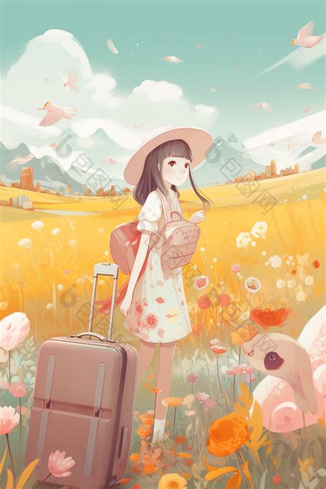 花田女孩治愈少女渲染插画图片 包图网