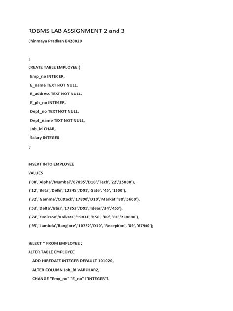 Rdbms Lab Assignment 2 And 3 B420020 Pdf Computer Programming Software Engineering
