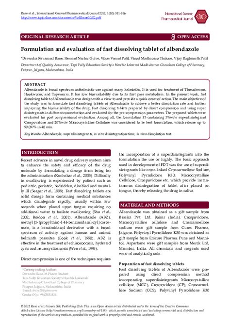 Pdf Formulation And Evaluation Of Fast Dissolving Tablet Of Albendazole