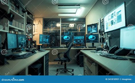 a computer workstation in a dark room with multiple monitors stock