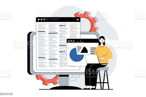 웹을 위한 플랫 디자인에서 사람들 장면을 가진 소프트웨어 개발 개념 Woman은 프로그래밍 코드로 작업하고 분석 데이터를