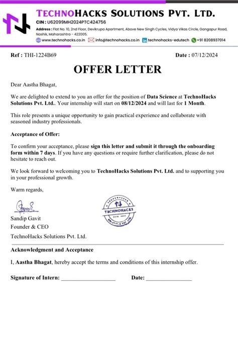 Aastha Bhagat On Linkedin Excited To Announce That Ive Received My First Internship Offer As A