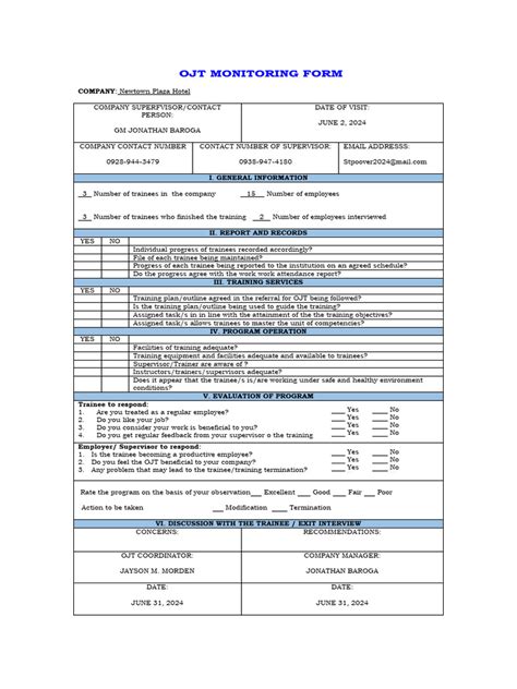 Ojt Monitoring Form Pdf Business