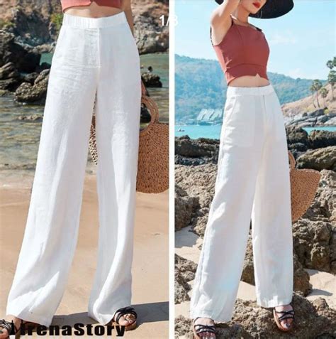 Irenastory Women Cotton Pants Elastic Waist High Waist Trousers Korean