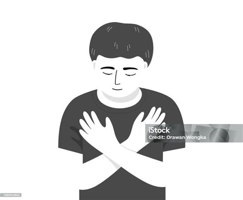 나비 포옹 또는 자기 사랑의 포옹 정신 건강 개념을 하는 어린 소년의 고립 평면 벡터 그림입니다 개념에 대한 스톡 벡터 아트 및