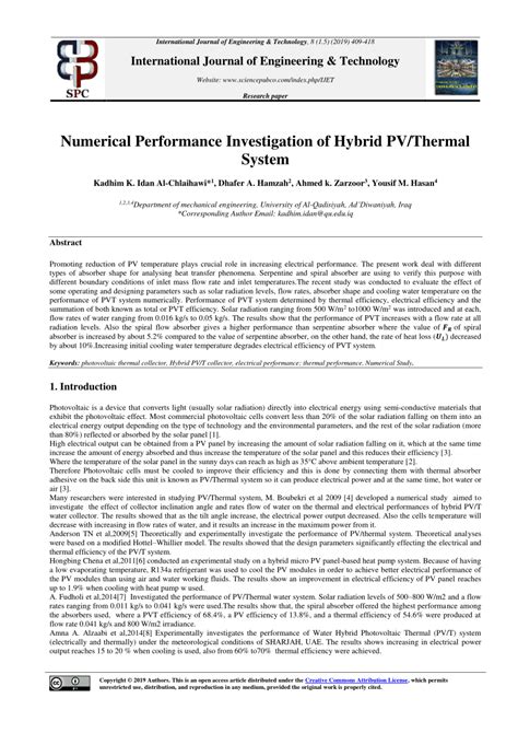 Pdf Numerical Performance Investigation Of Hybrid Pv Thermal System