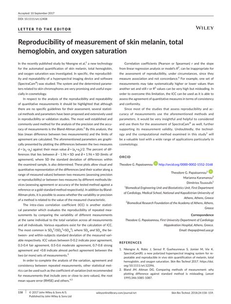 Pdf Reproducibility Of Measurement Of Skin Melanin Total Hemoglobin And Oxygen Saturation