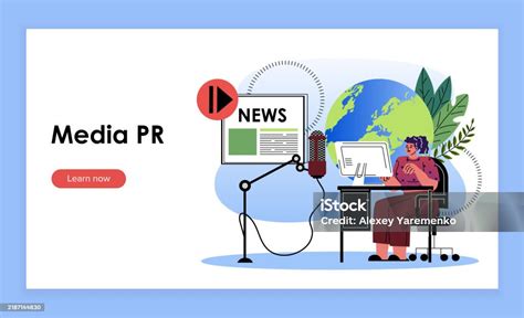 미디어 Pr 랜딩 페이지 뉴스를 녹음하는 여자 회사 발표 및 기자 회견 직장의 홍보 관리자 평면 벡터 일러스트 레이 션 개발에