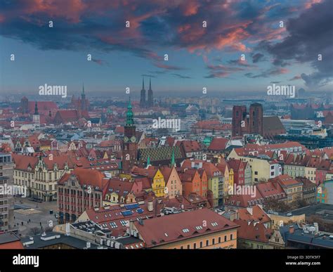 Aerial Dusk View Of Wroclaw Old Town Market Square And Town Hall