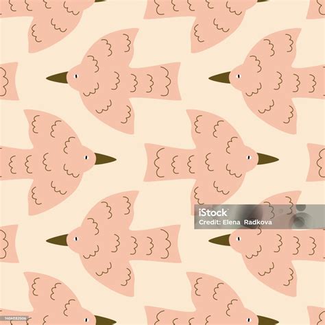 분홍색 날으는 새들이 손으로 그린 벡터 일러스트레이션 귀여운 제비 플랫 스타일의 원활한 패턴으로 어린이 직물 또는 벽지 갈색에