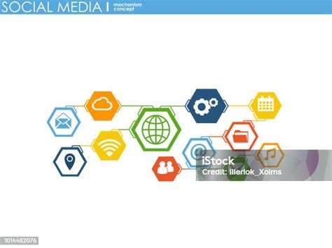 소셜 미디어 연결 개념입니다 통합된 원와 디지털 인터넷 네트워크에 대 한 아이콘 백그라운드를 추상화 연결 통신 기술 글로벌 개념 벡터 Infograp 그림입니다 Brand